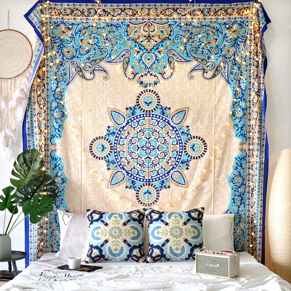 Creme Medallion Tapestry - Blue Tapestry | Tapestry Girls
